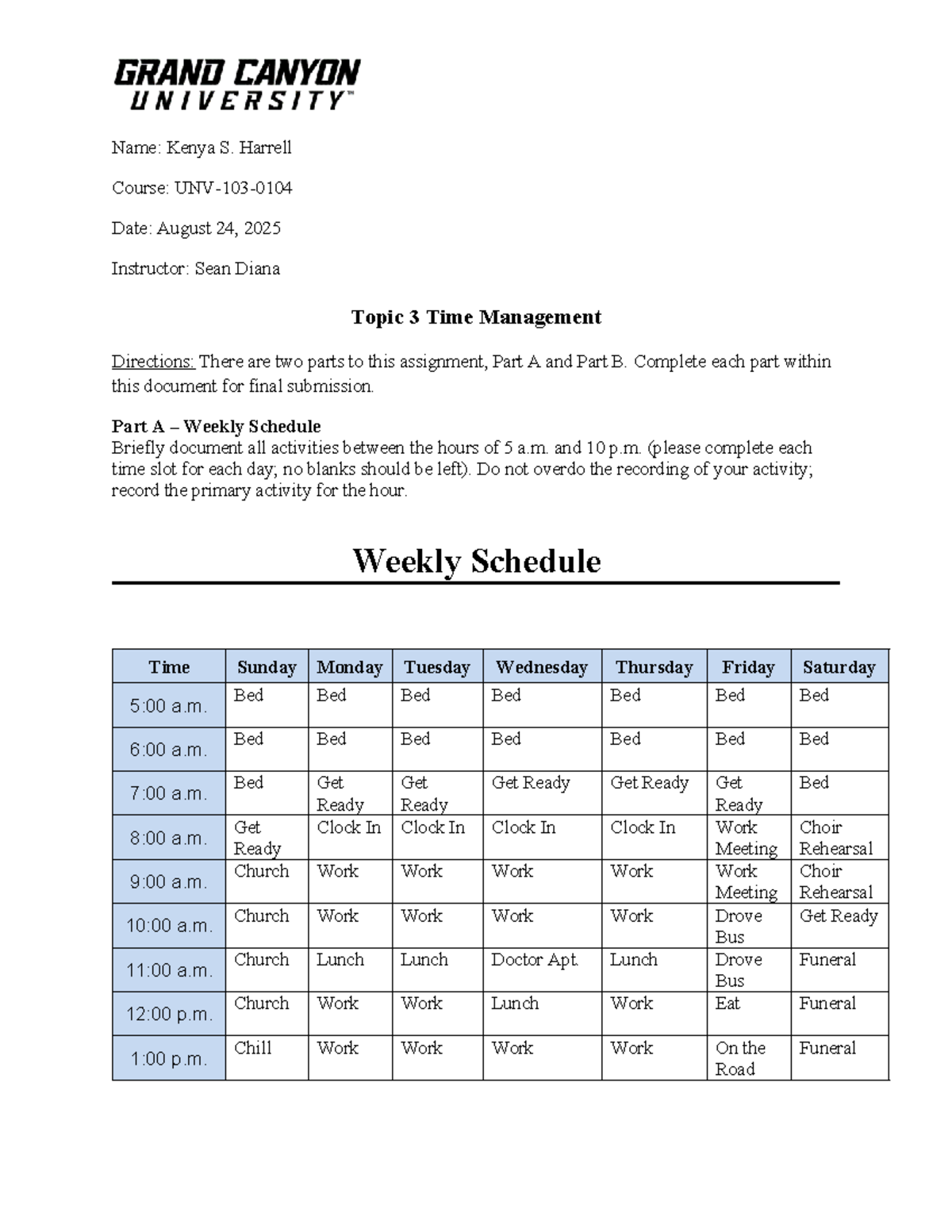 UNV-103-RS-T3 Final Submission: Time Management Weekly Schedule ...
