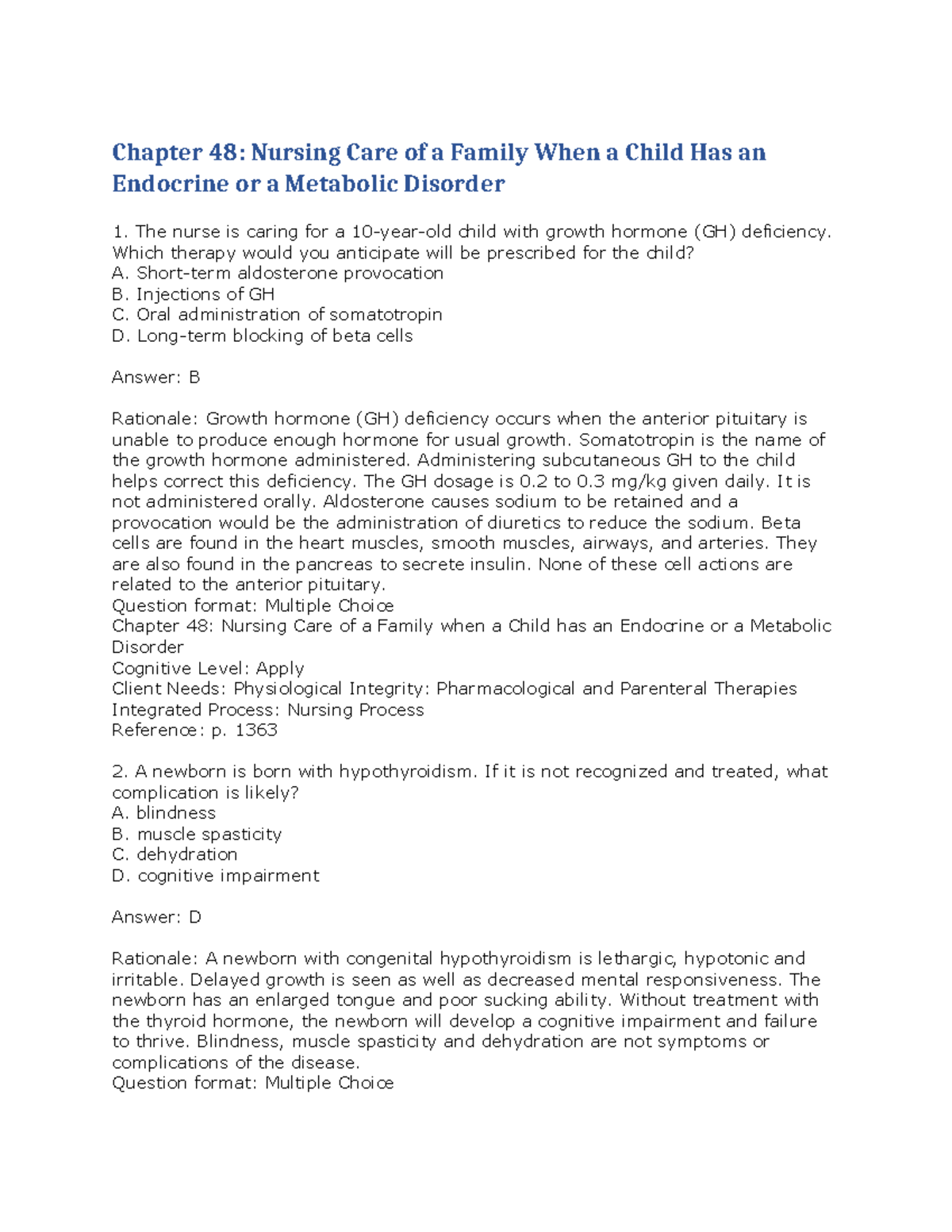 TG Chapter 48 - Pediatric Nursing: Endocrine and Metabolic Disorders ...