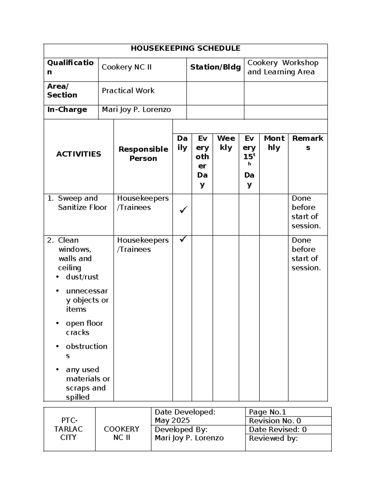 Housekeeping Schedule for Cookery NC II Practical Work Activities - Studocu