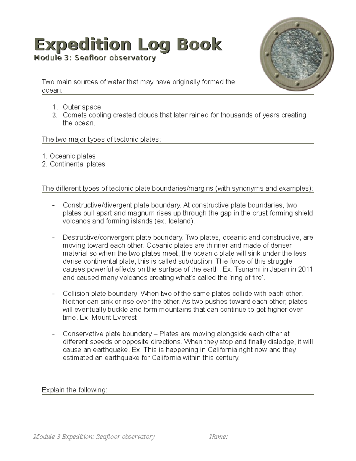 OCSC 1000 Module 3 Expedition Log Book: Seafloor Observatory Insights ...