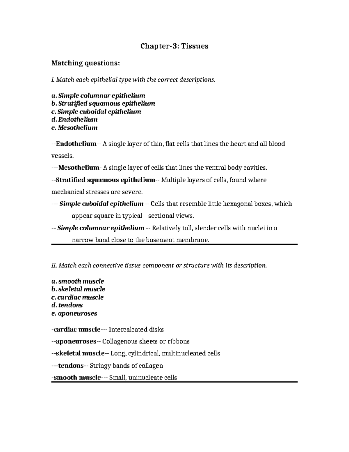 Chapter 3 Tissues: Matching Questions and Descriptions Guide - Studocu