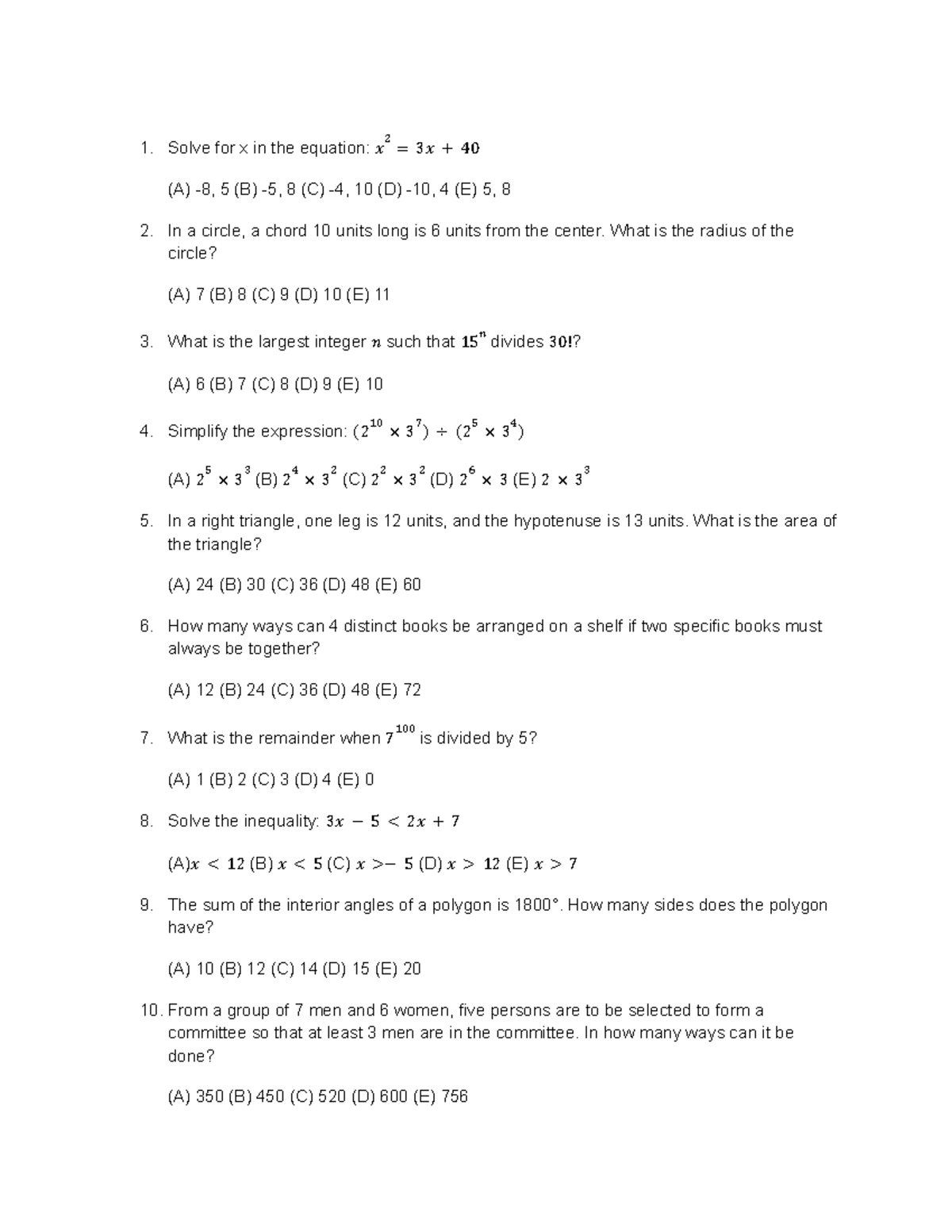 AMC 10 Practice test for Math club - Solve for x in the equation: 𝑥 2 ...