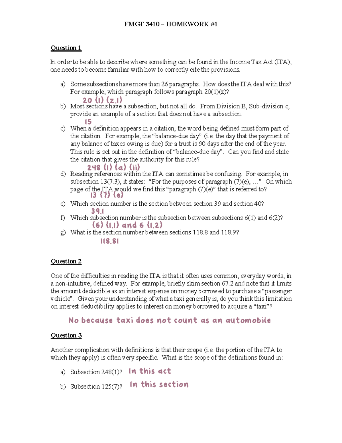 FMGT 3410 HOMEWORK: Income Tax Act Citation & Tax Calculations - Studocu