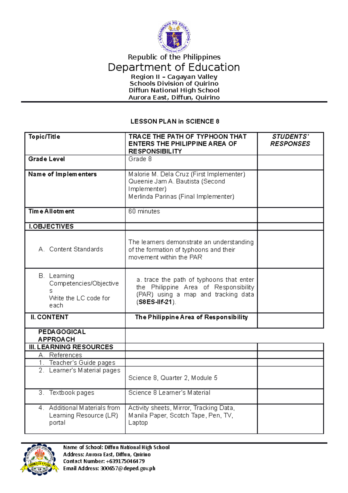 Science 8 Lesson Plan Tracking a typhoon - Department of Education ...