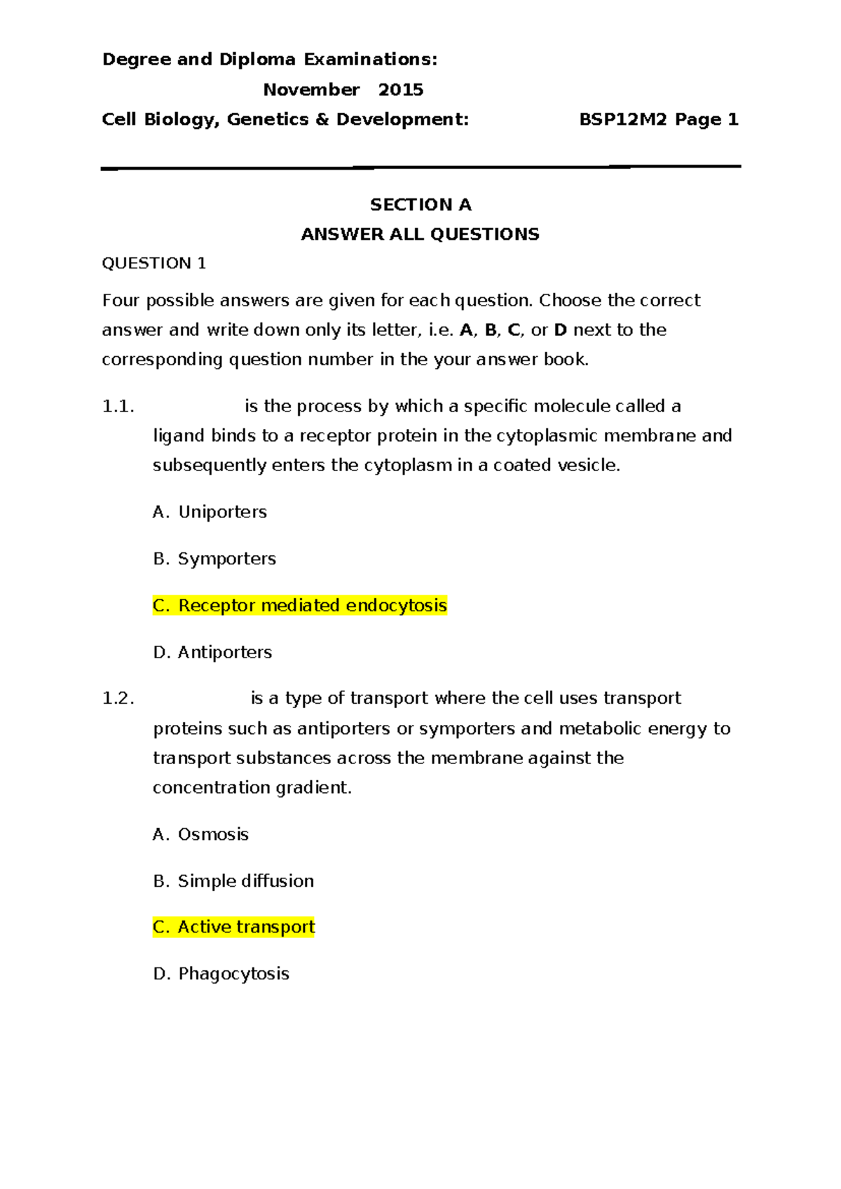 Sample EXAM Marking Memorandum 2015 - November 2015 Cell Biology ...