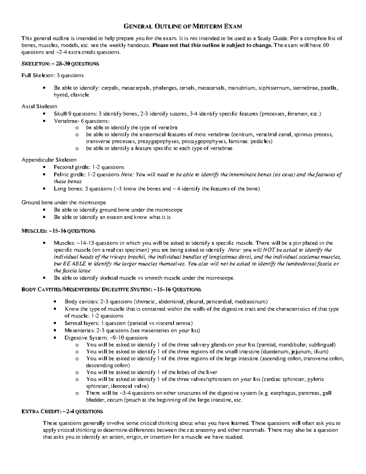 Anatomy Midterm Exam General Outline - Course Code - Studocu