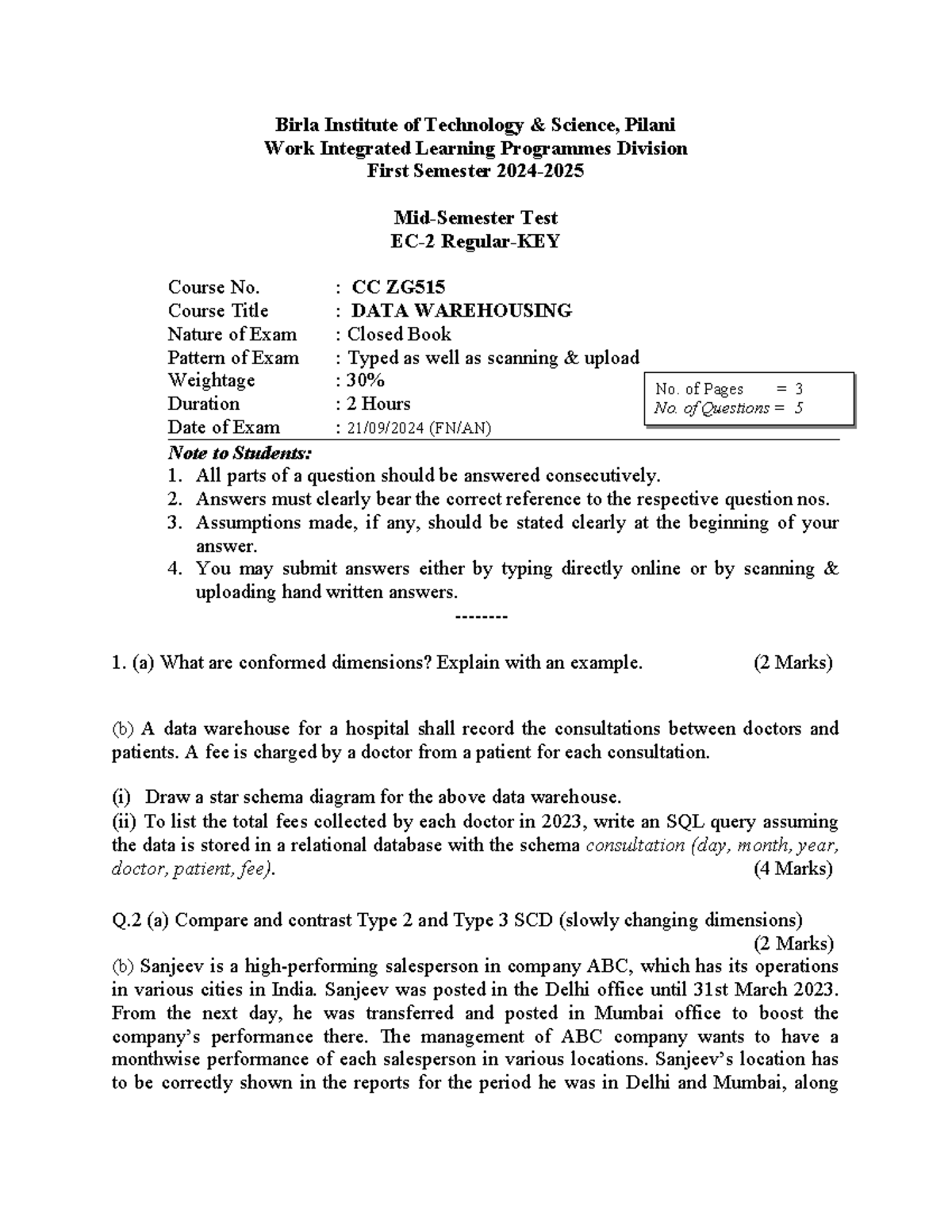 DWH Mid-Semester Exam Key - CC ZG515 Data Warehousing - Studocu