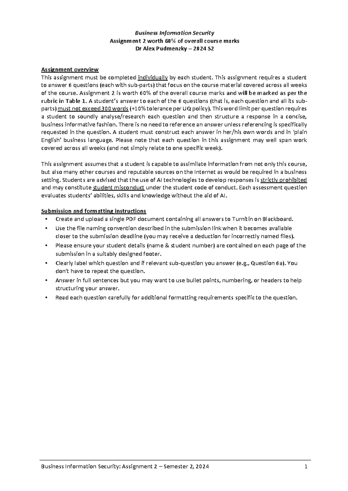 Business Information Security 2024S2 Assignment 2 Q1 Q2 - Business ...