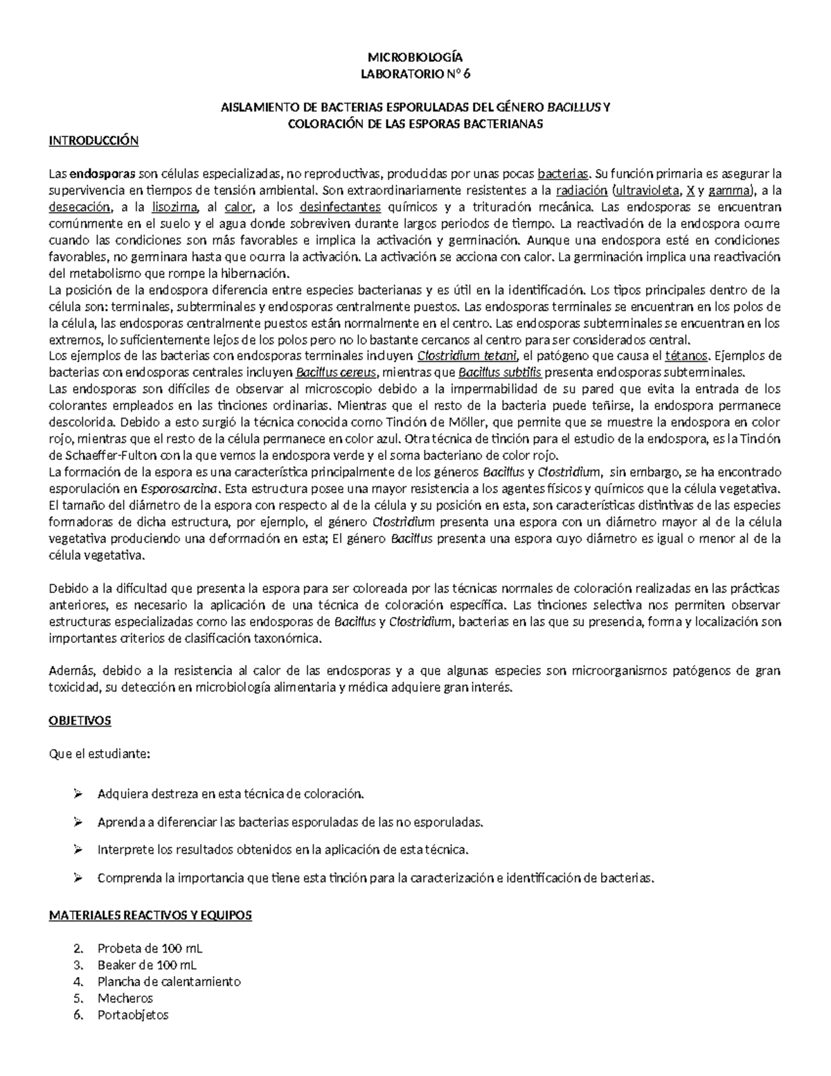 GUÍA # 6: Tinción de Esporas de Bacillus y Clostridium en Microbiología ...