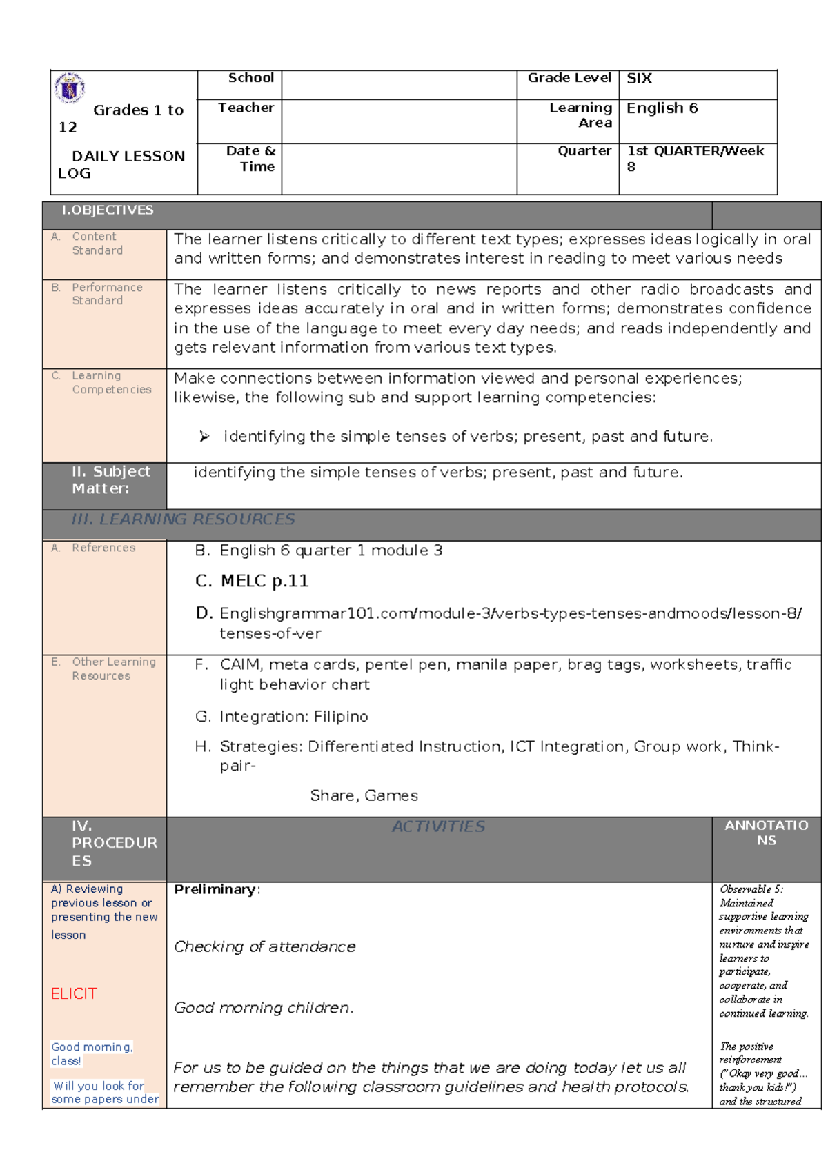 Q1 English 6 Daily Lesson Log: Identifying Simple Tenses - Studocu