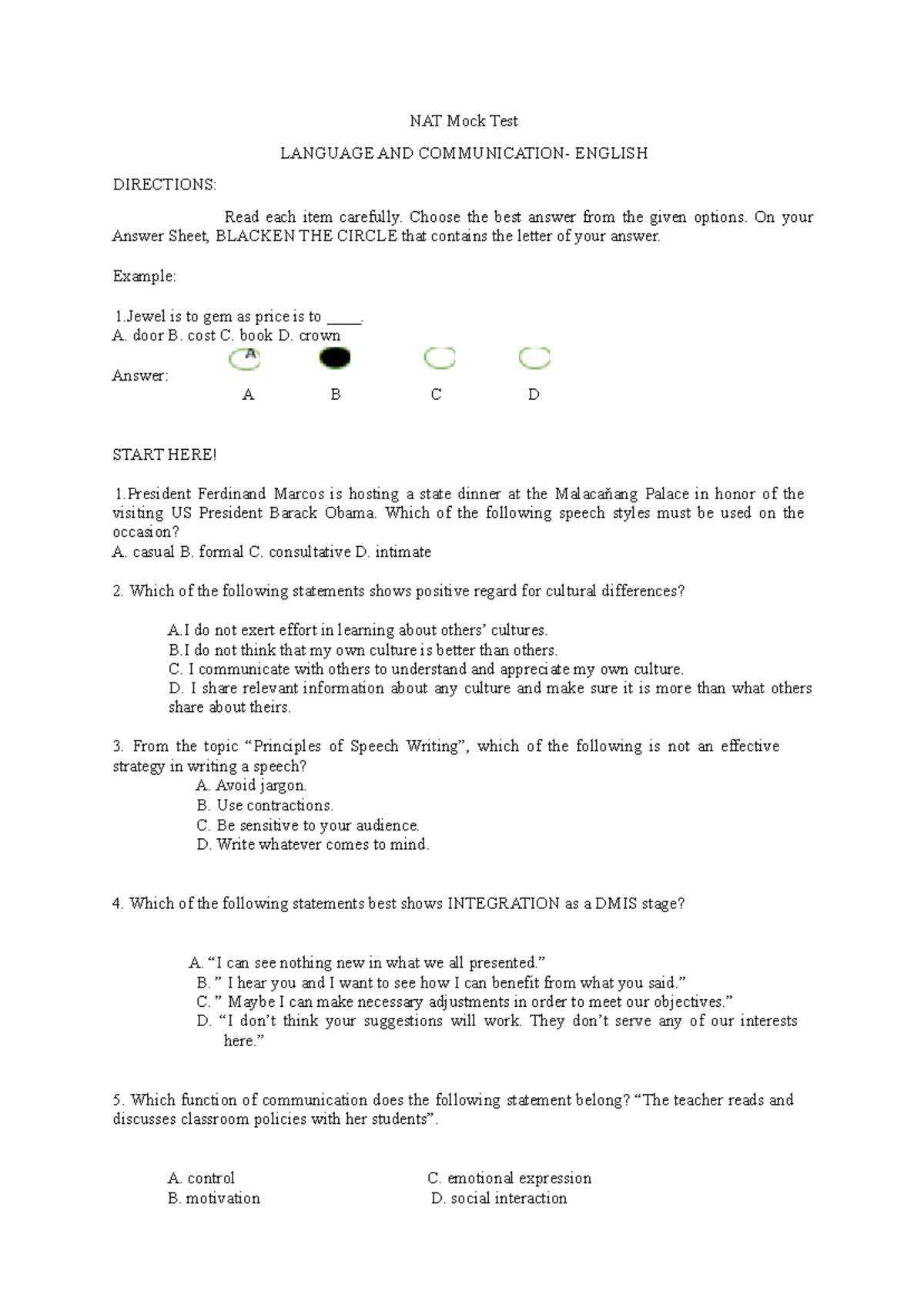 NAT Mock Test for LANGUAGE AND COMMUNICATION - ENGLISH - Studocu