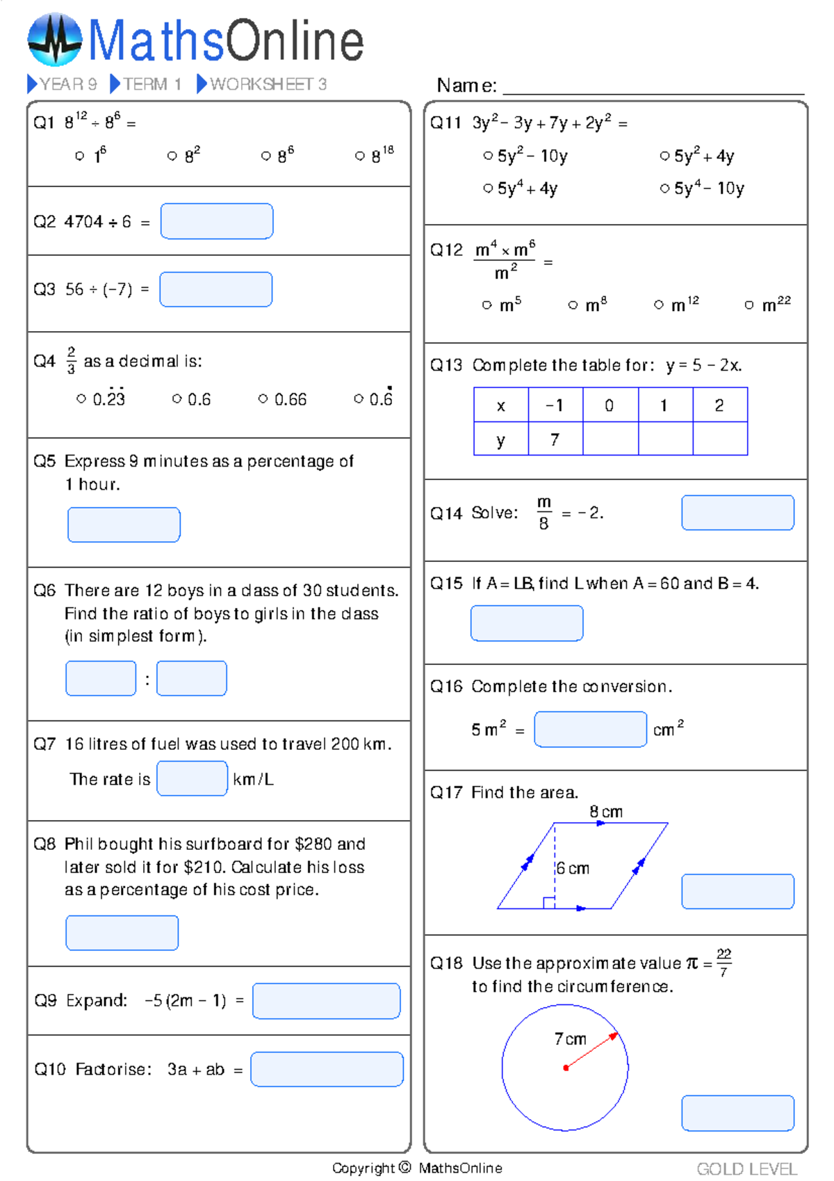 MathsOnline YEAR 9 TERM 1 WEEK 3 Practice Worksheet - Studocu
