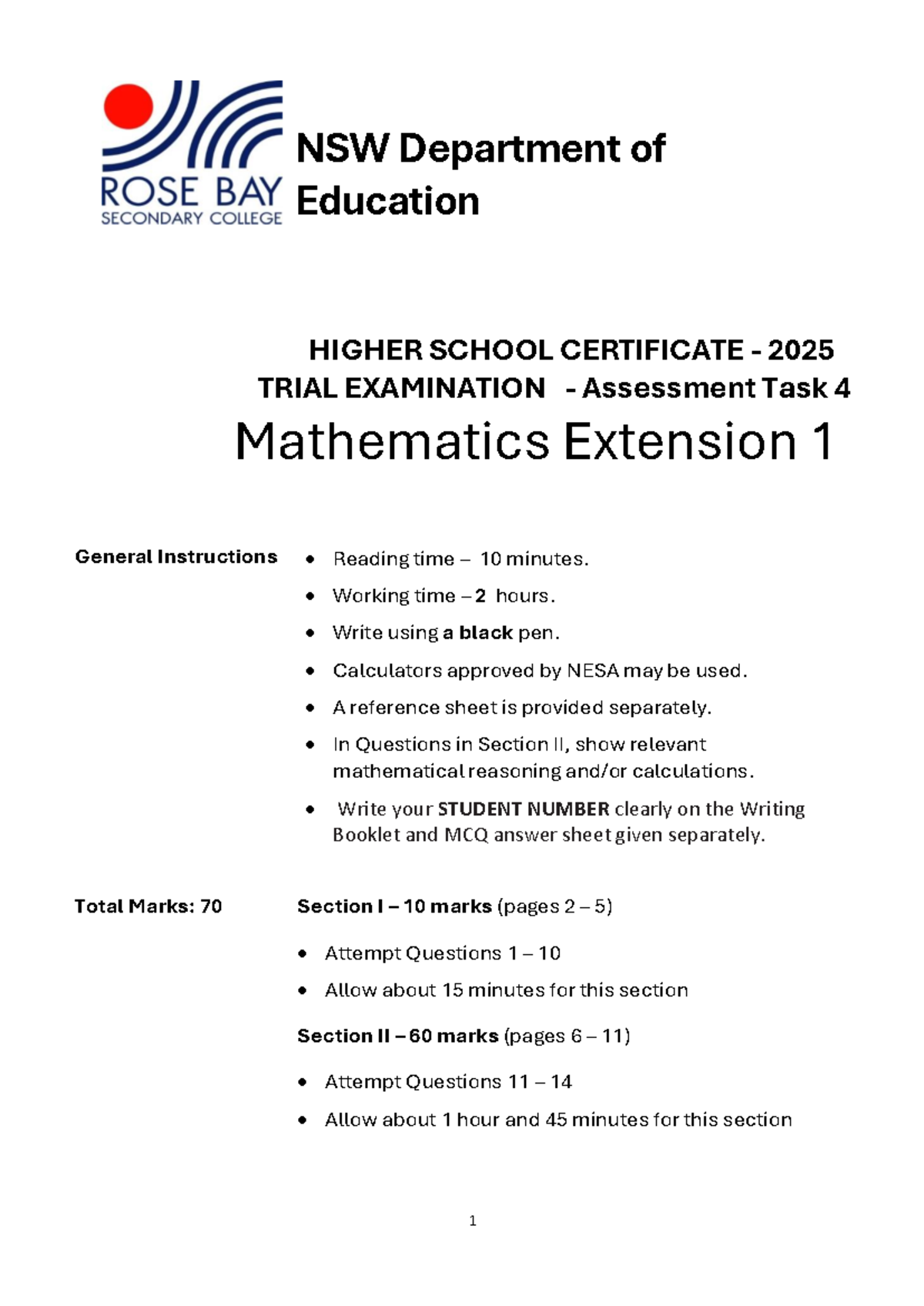 NSW HSC 2025 Trial Exam - Mathematics Extension 1 - Studocu