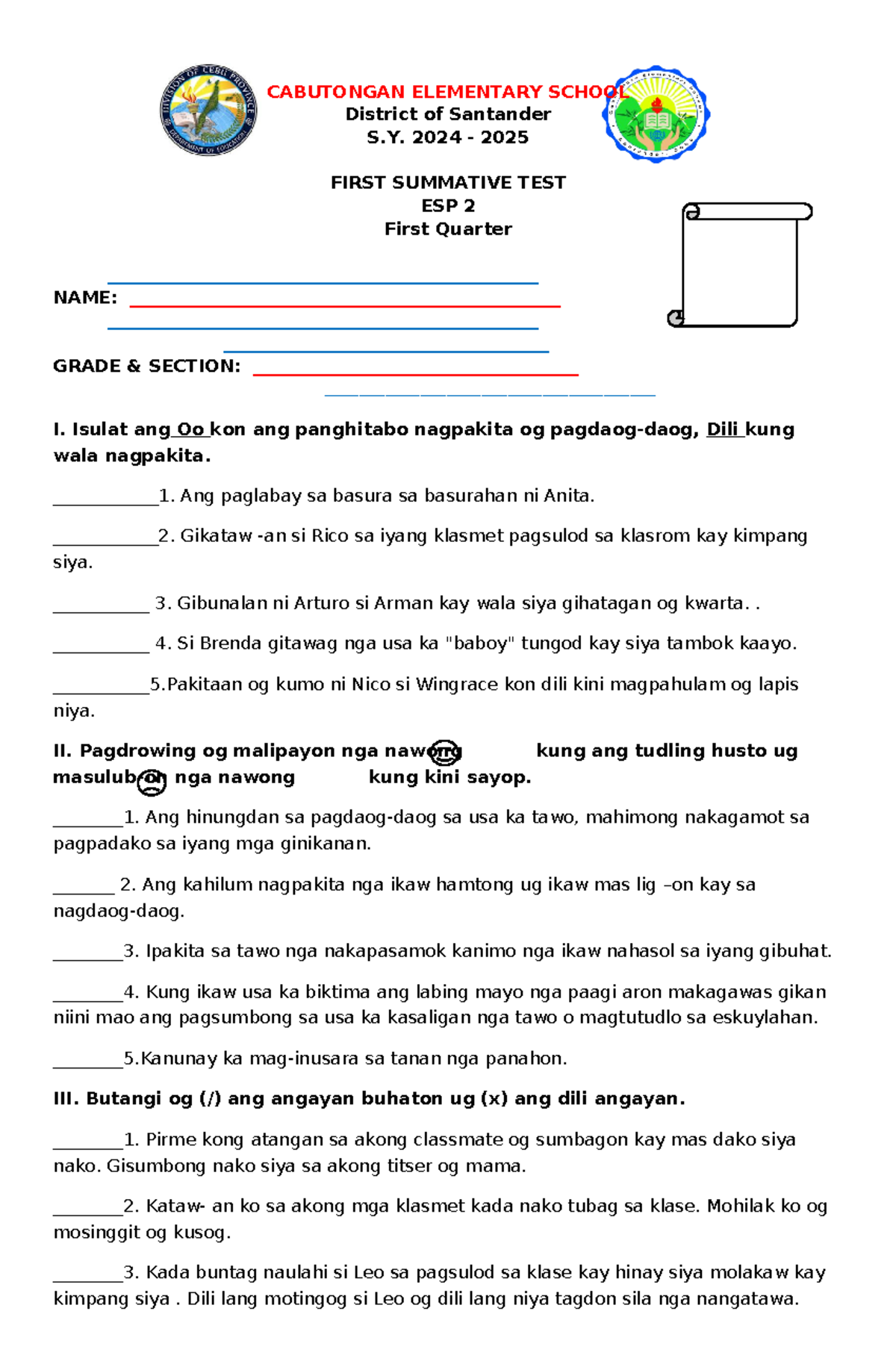 ESP - First Summative Test - CABUTONGAN ELEMENTARY SCHOOL District of ...