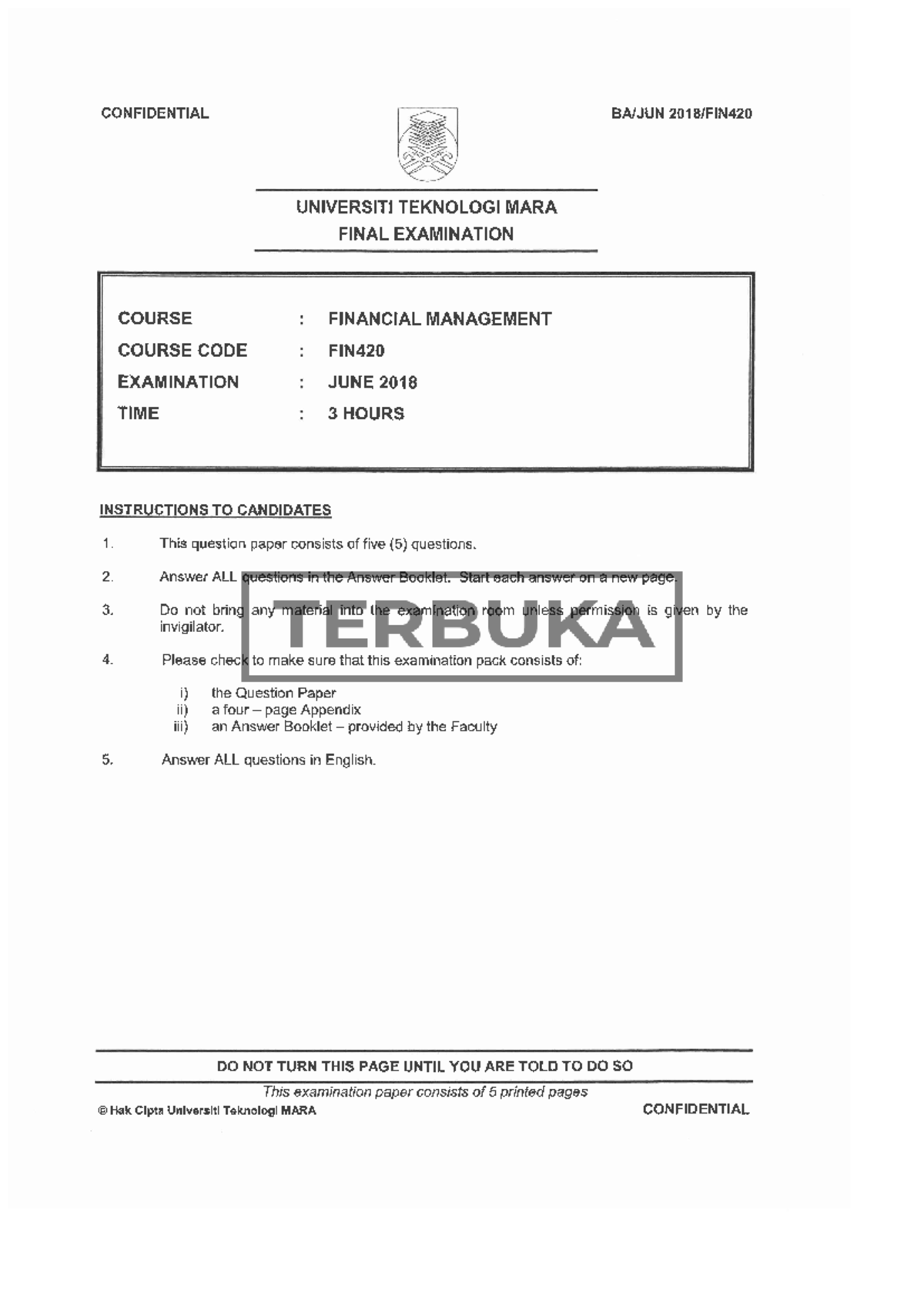 FIN420 June 2018 - Financial Management Final Exam Questions - Studocu