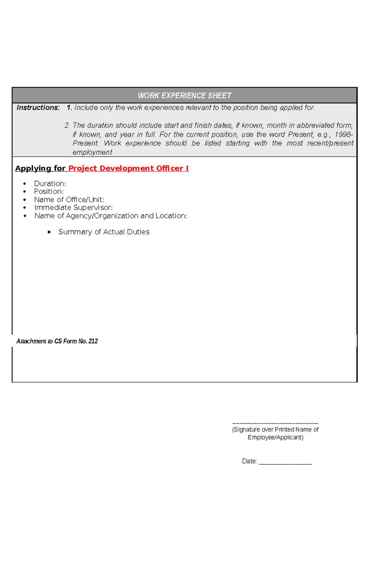 Work Experience Sheet (Blank) - WORK EXPERIENCE SHEET Instructions: 1 ...