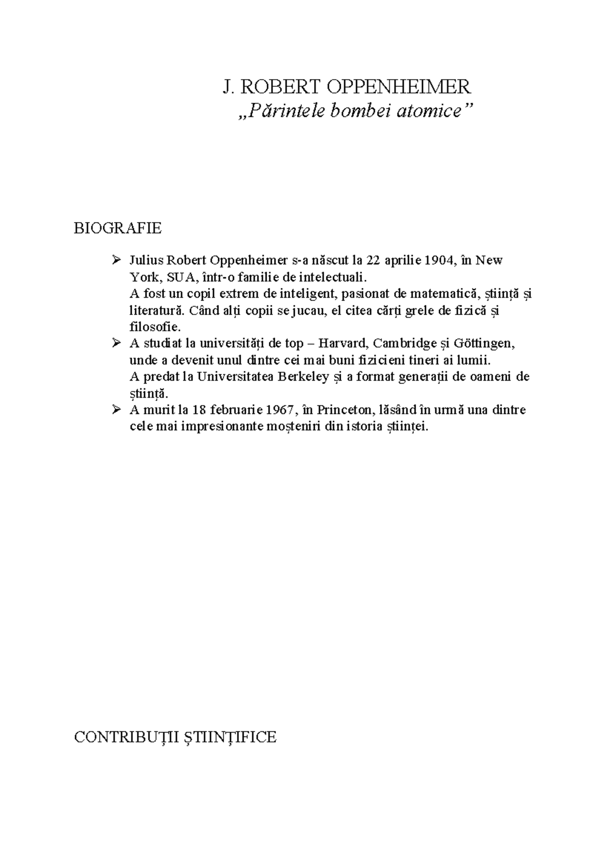 J. ROBERT OPPENHEIMER: Biografie și Contribuții Științifice - Studocu