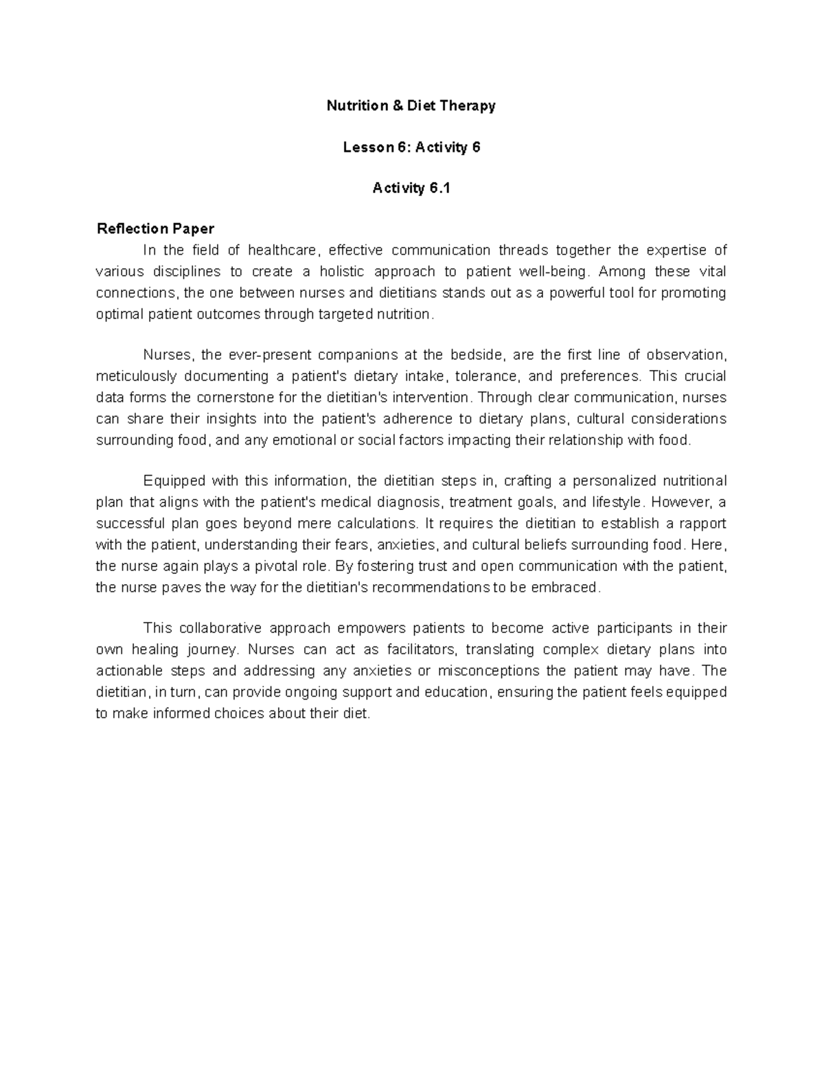 Nutrition & Diet Therapy: Reflection Paper on Interdisciplinary ...