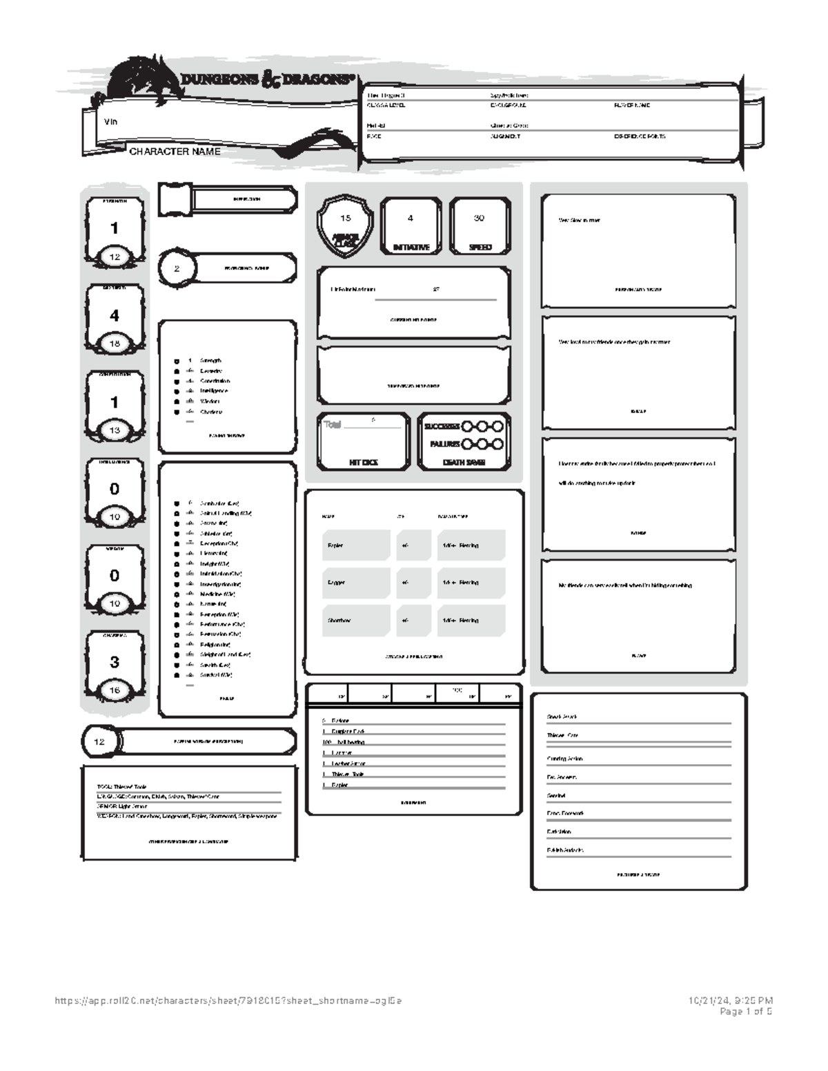 Vin Roll20 Character Sheet - Thief Rogue (Half-Elf) Stats - Studocu