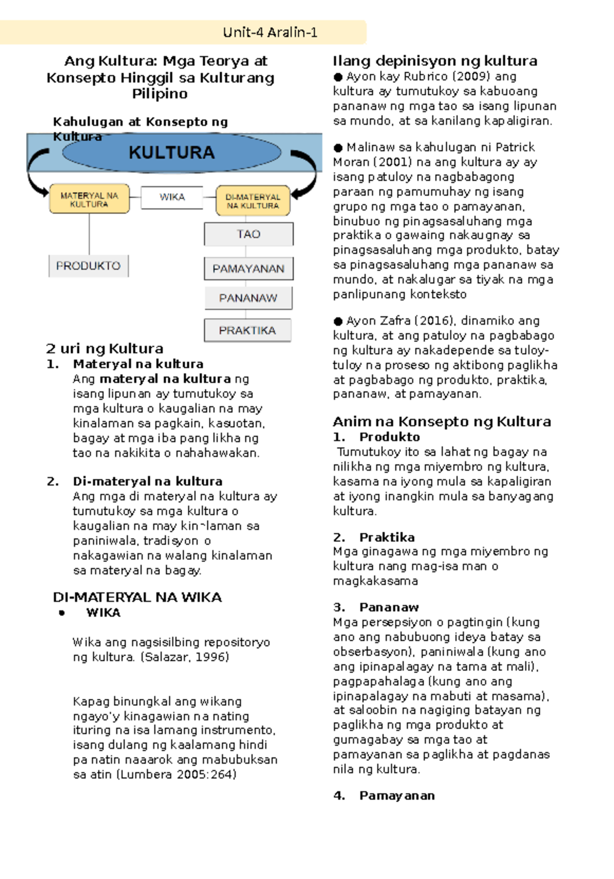 FIL UNIT 4 A1 - notes lang po - Unit-4 Aralin- Ang Kultura: Mga Teorya ...
