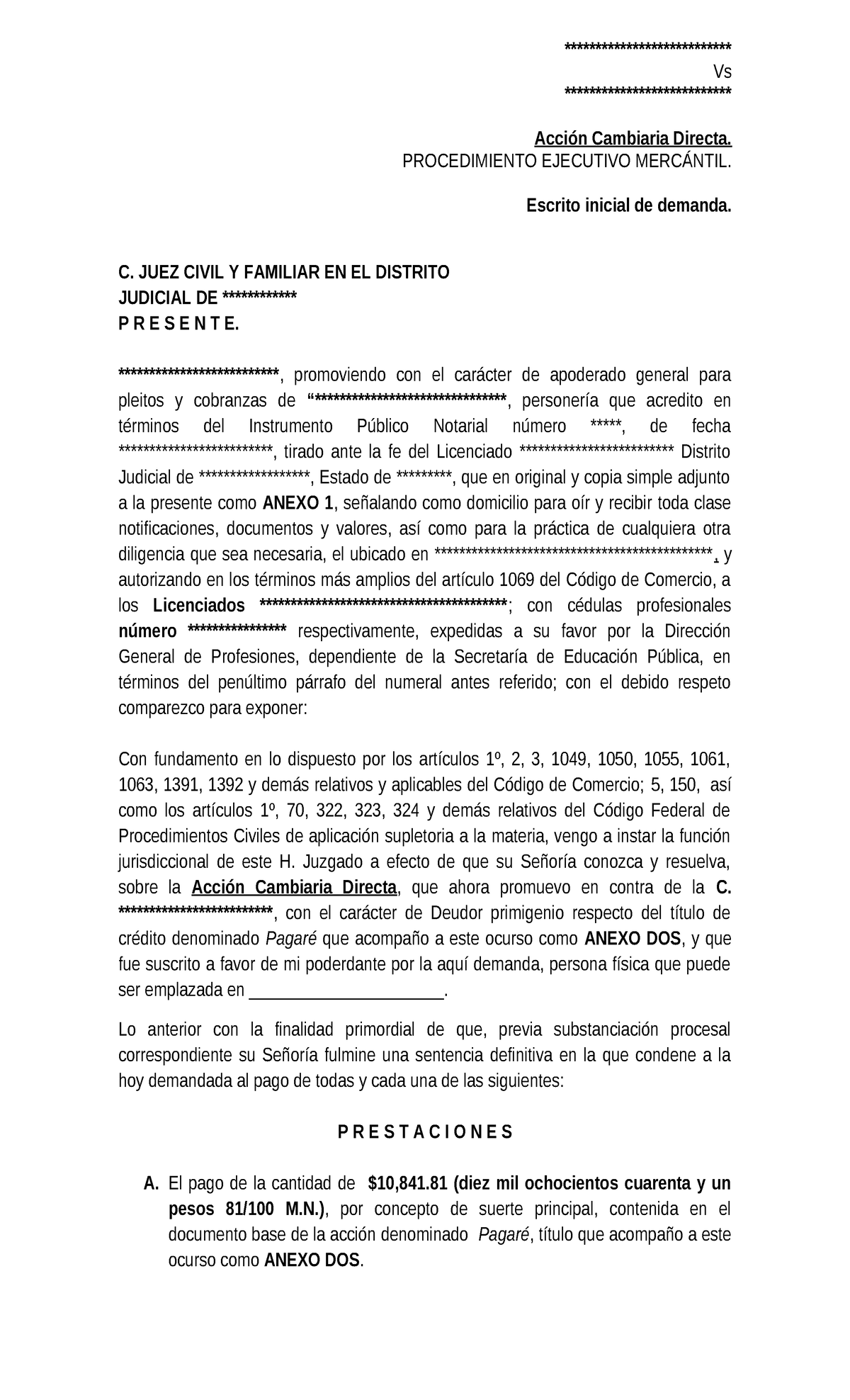 Demanda de Acción Cambiaria Directa - Procedimiento Ejecutivo Mercantil ...