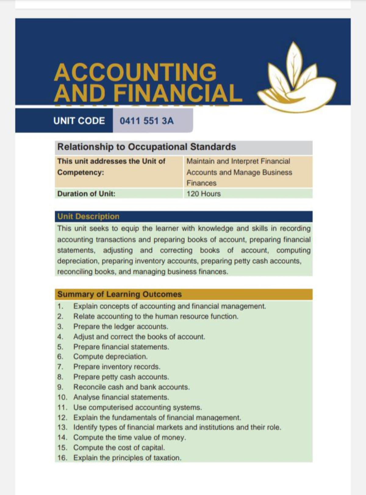 Acc. & Financial Management Unit 0411 551 3A Overview & Learning ...