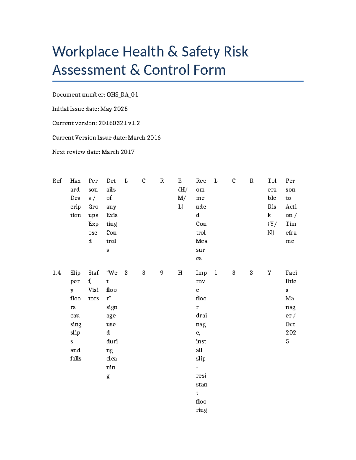 WHS Risk Assessment Control Form OHS_RA_01 - Version 1.2 - Studocu