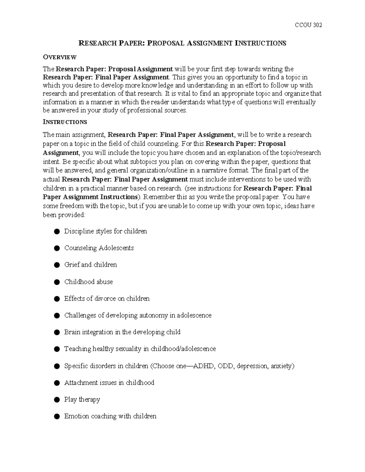CCOU 302 Research Paper Proposal: Child Counseling Topics - Studocu