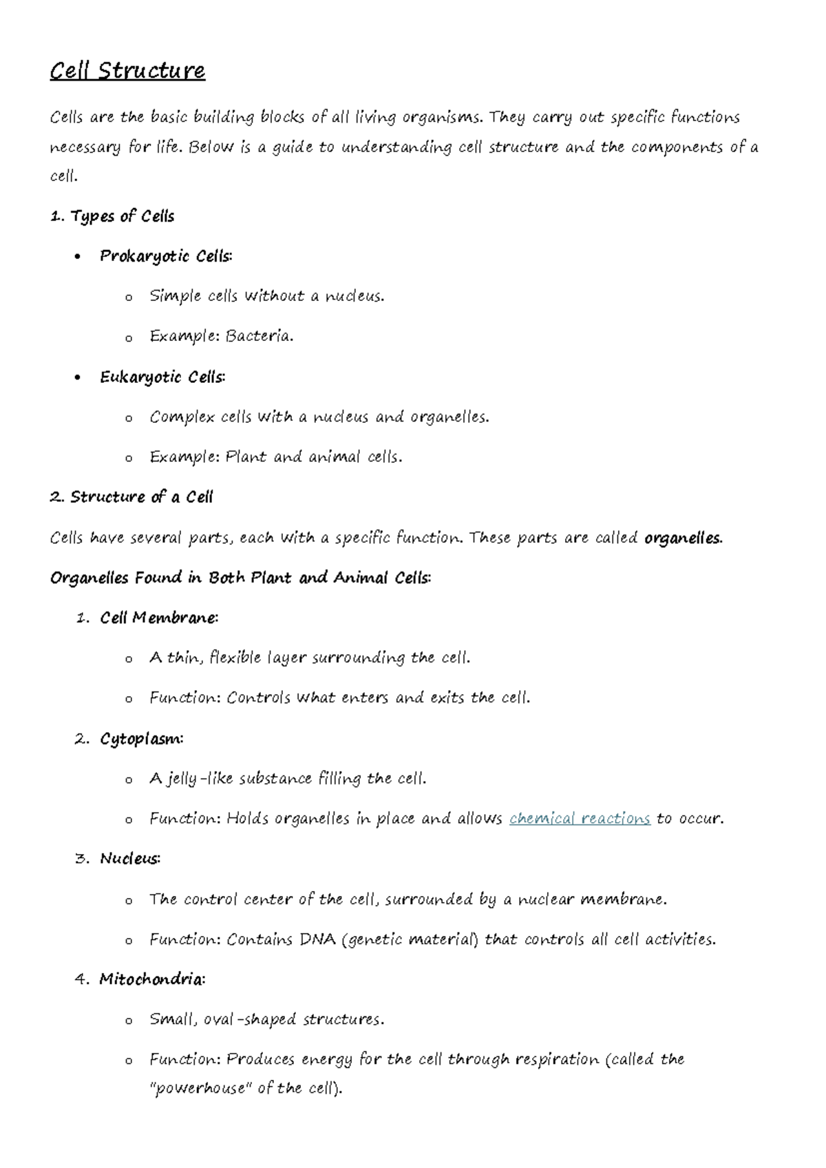 Cell Structure and Function: A Comprehensive Guide - Studocu