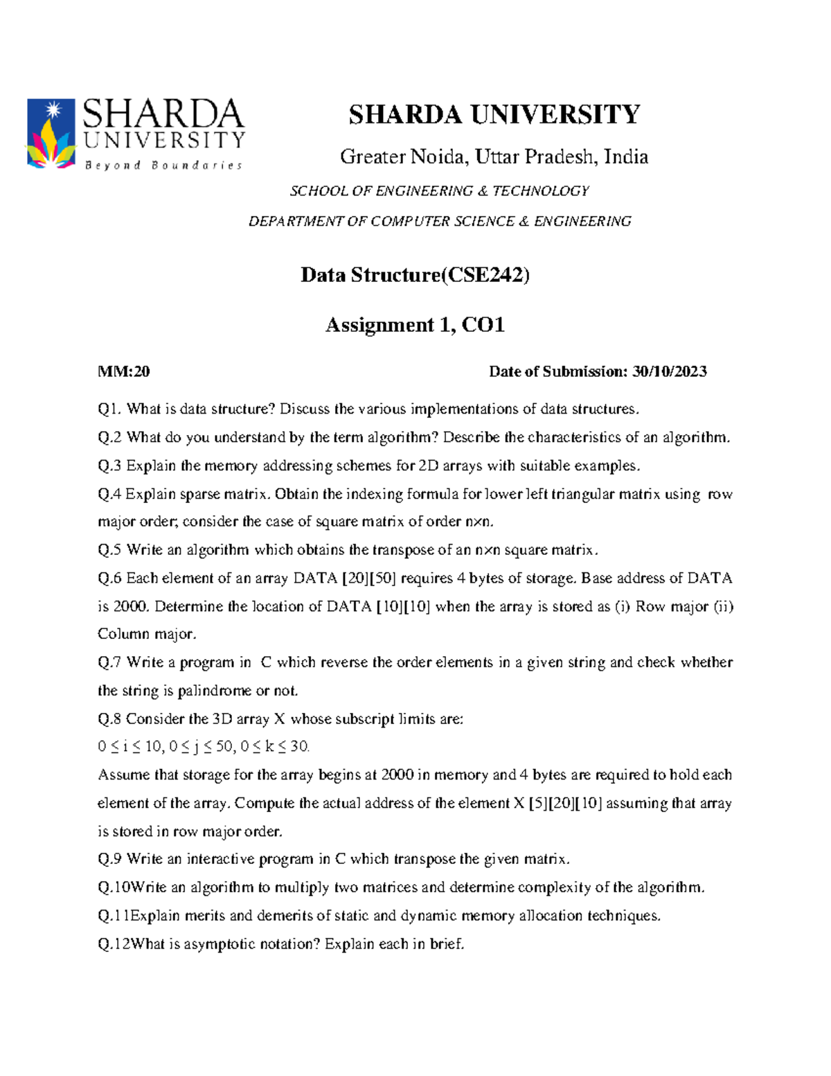 Data Structure Assignment 1 - CSE 242 - Sharda University - Studocu