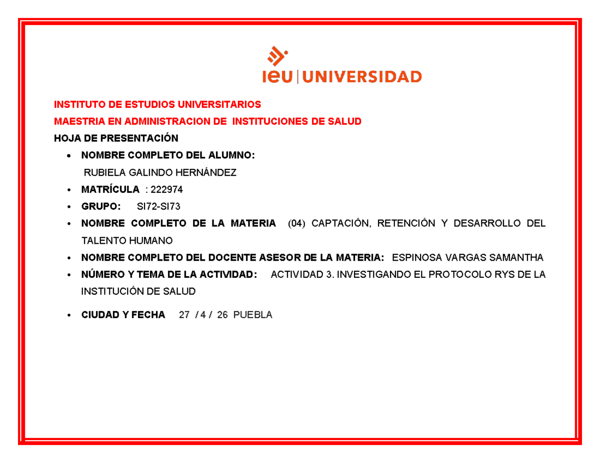 Actividad 3: Protocolo RYS en la Gestión del Talento Humano (04) - Studocu