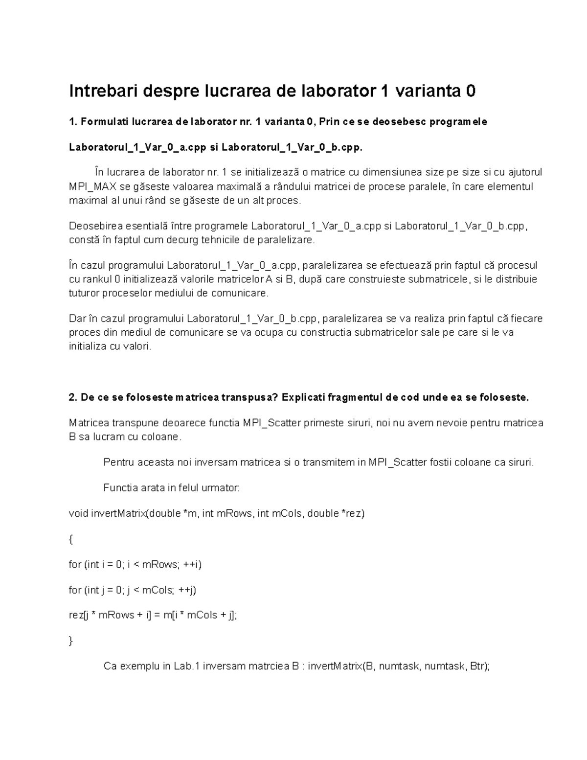 Intrebari pentru Lucrarea de Laborator 1 Varianta 0 - MPI - Studocu