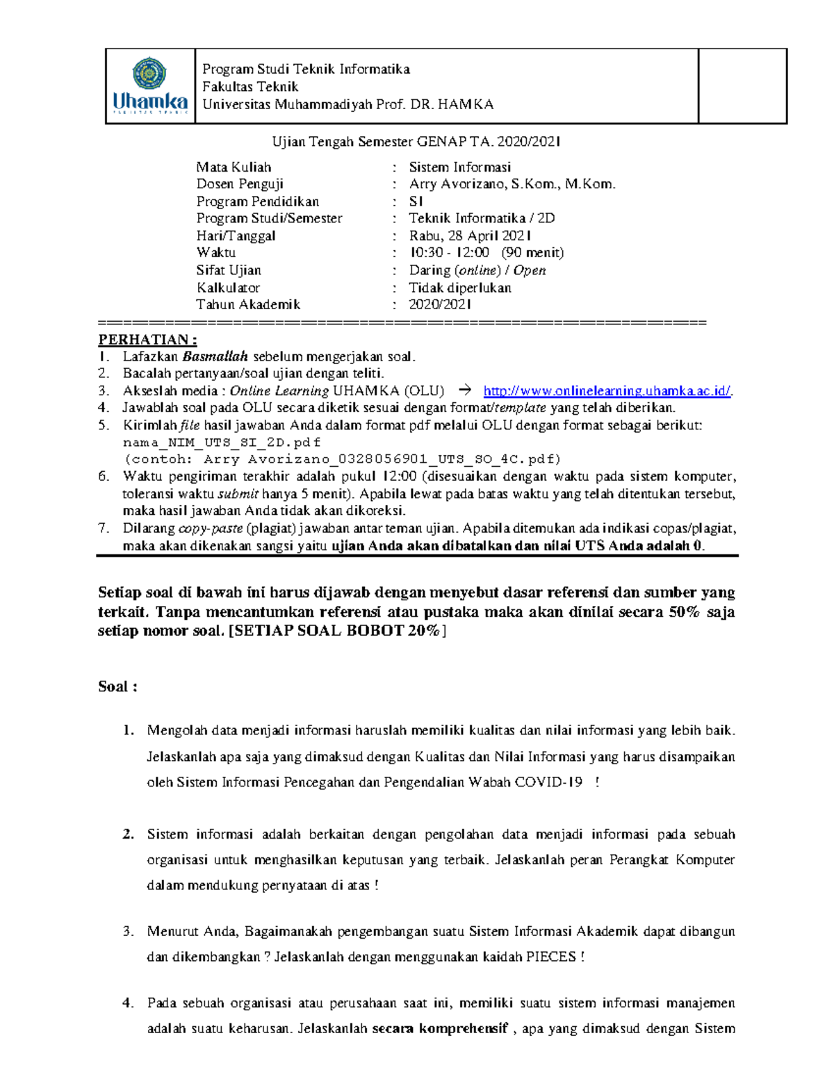 Contoh Soal dan Jawaban UTS SI (Sistem Informasi) Teknik Informatika ...