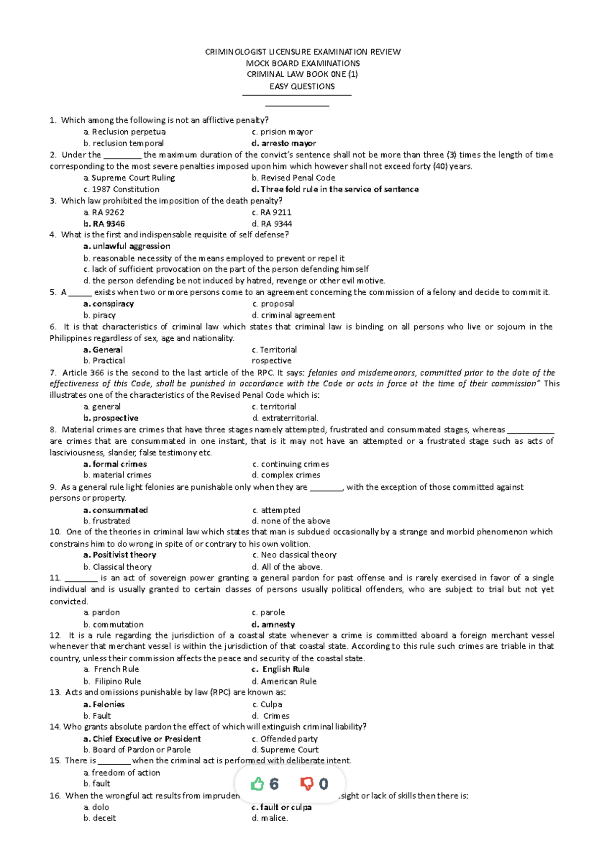 CRIM 101: Mock Board Exam Review for Criminal Law - Easy Questions ...