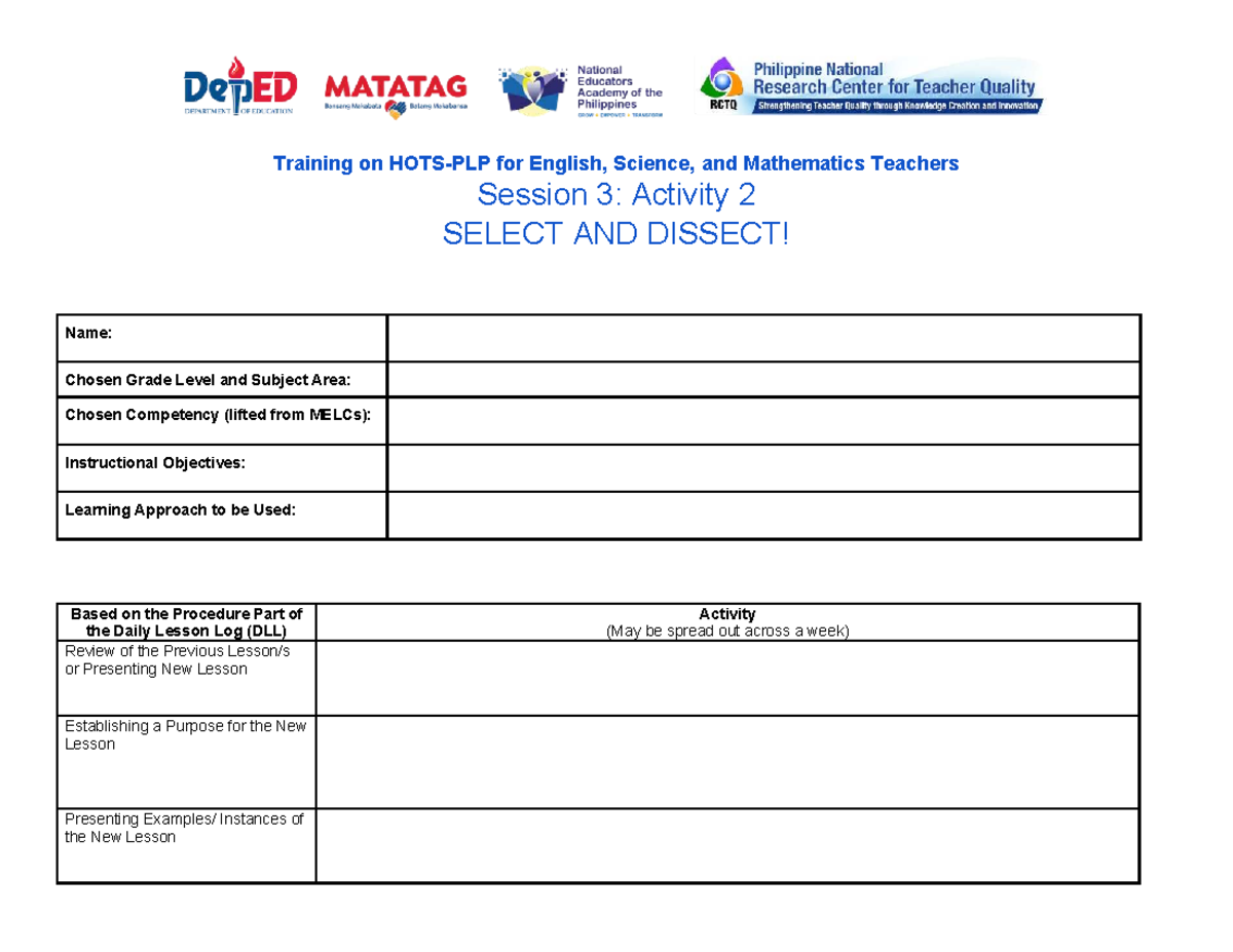 Training for English, Science, & Math Teachers: Session 3 Activity ...