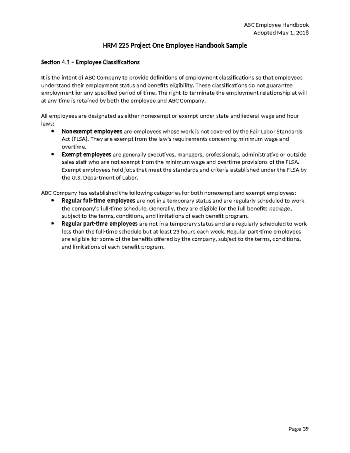 HRM 225 Project One Employee Handbook Sample - Classifications Overview ...