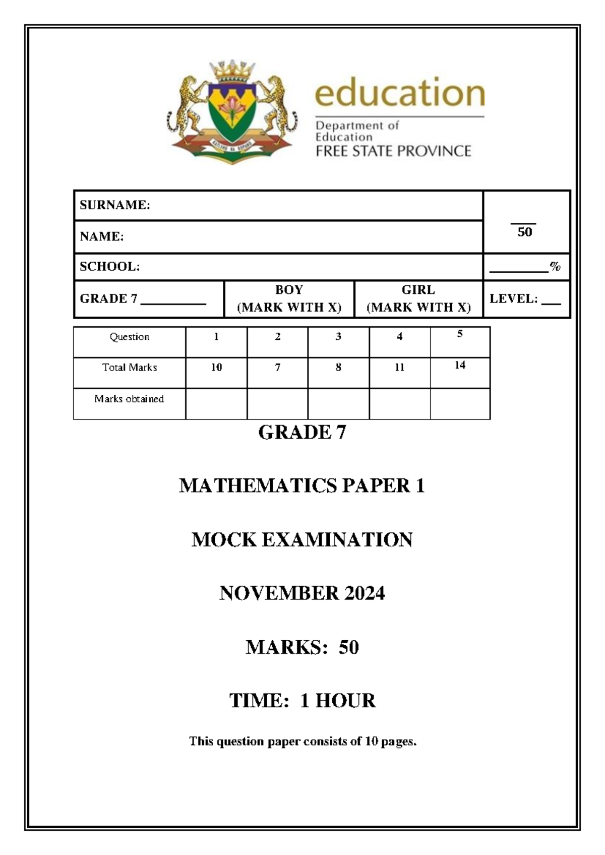 Grade 7 Mathematics MOCK Exam Paper 1 - November 2024 - Studocu