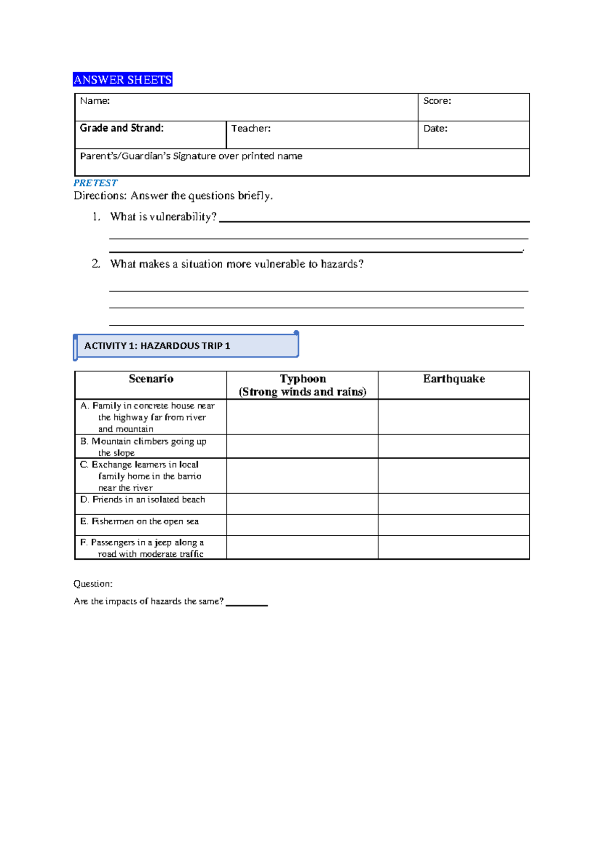 DRRR- Activity Pretest: Understanding Vulnerability and Hazards - Studocu