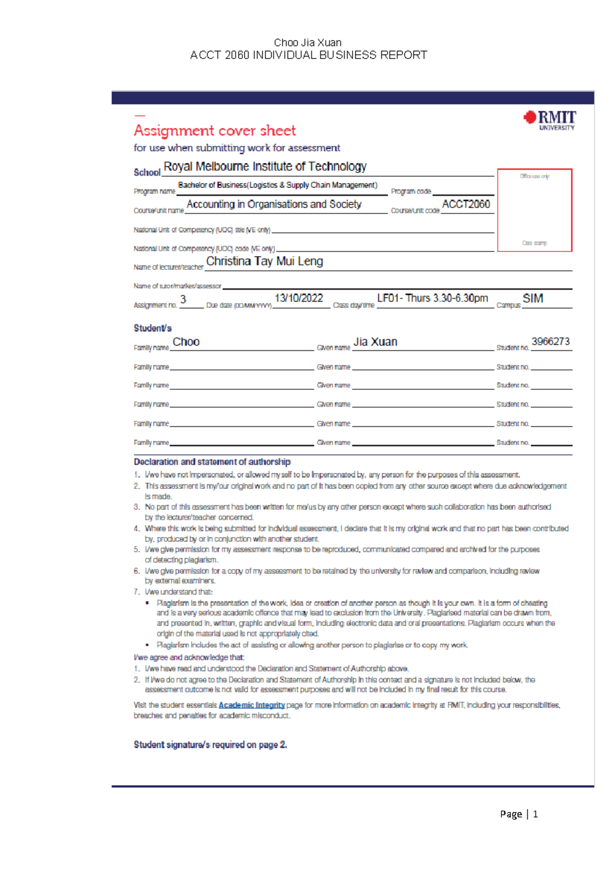 Individual Business Report A3 Choo Jia Xuan - ACCT 2060 INDIVIDUAL ...