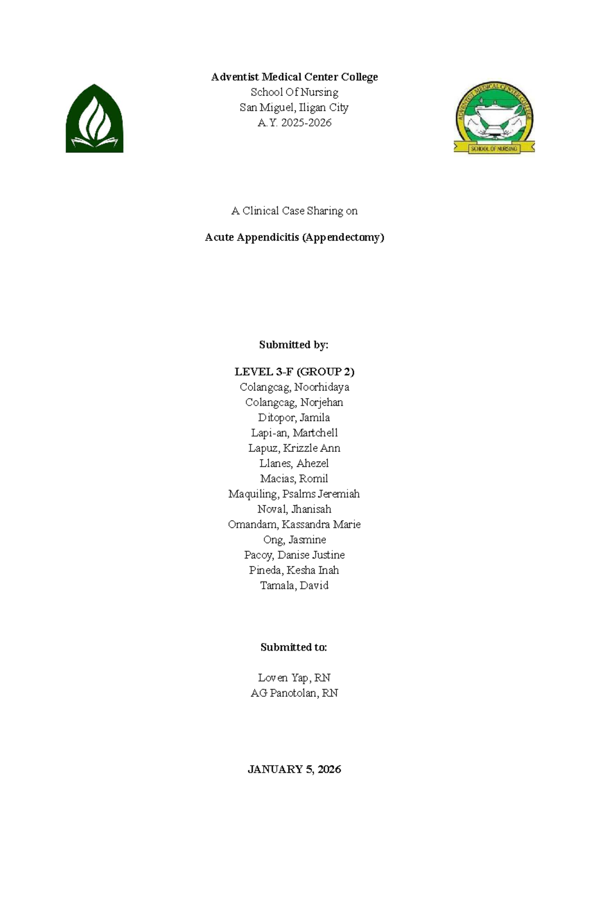 Clinical Case Study on Acute Appendicitis (Appendectomy) - Group 2 ...