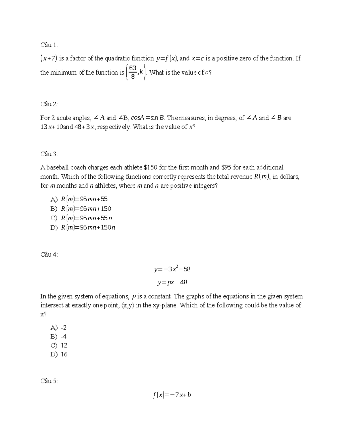 Advanced Math Questions: 50 Problems for Course MATH 101 - Studocu