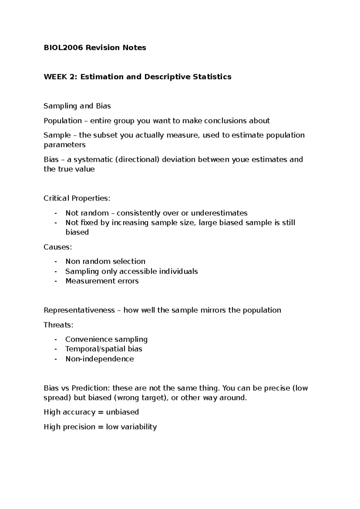BIOL2006 Revision Notes: Week 2 - Estimation, Statistics & Sampling ...