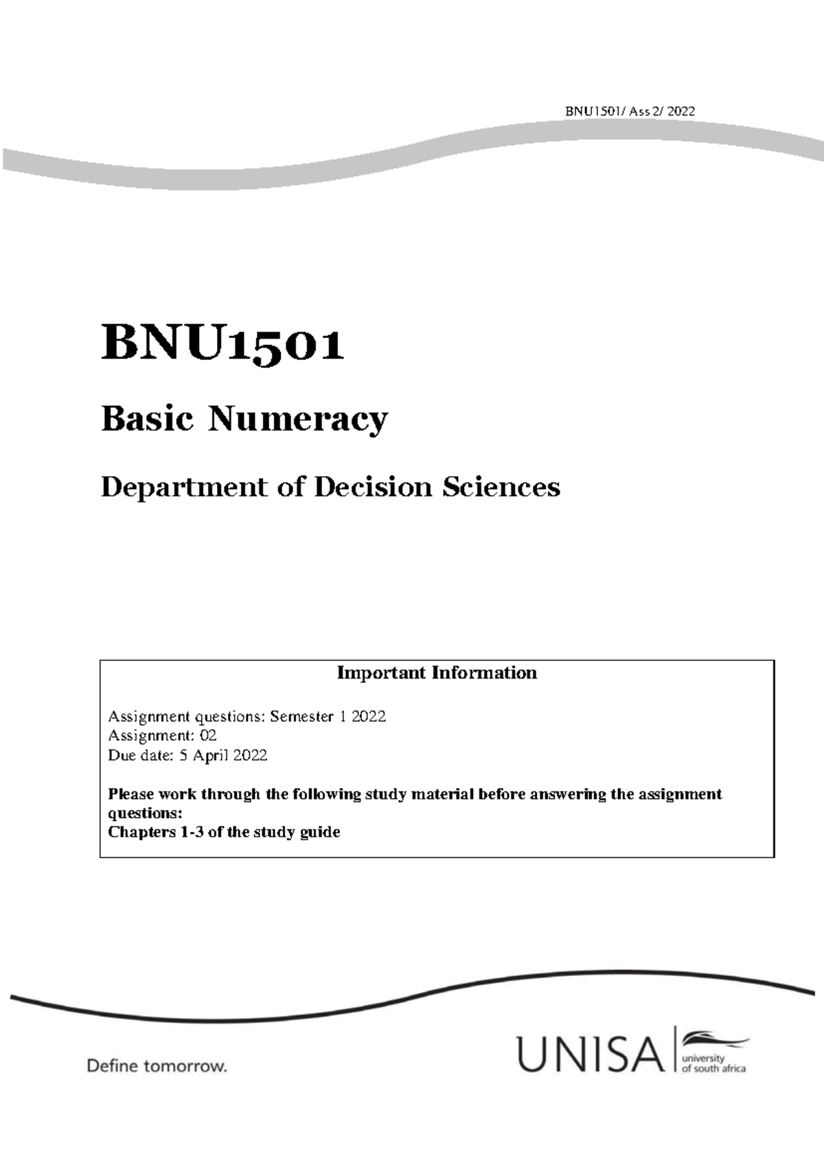 BNU 1501 Assignment 02 Study Questions - S1 2022 - Studocu