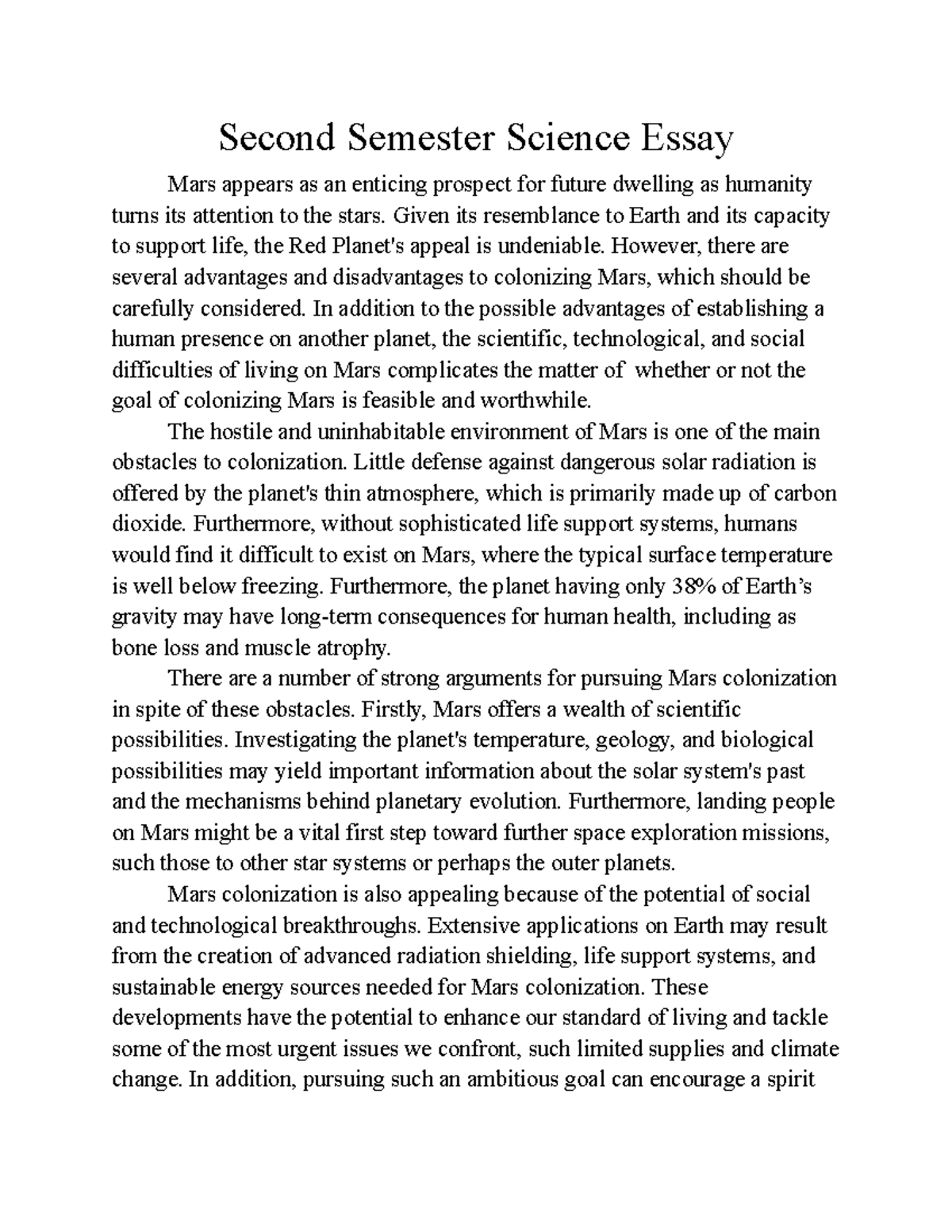 Second Semester Science Essay - Given its resemblance to Earth and its ...