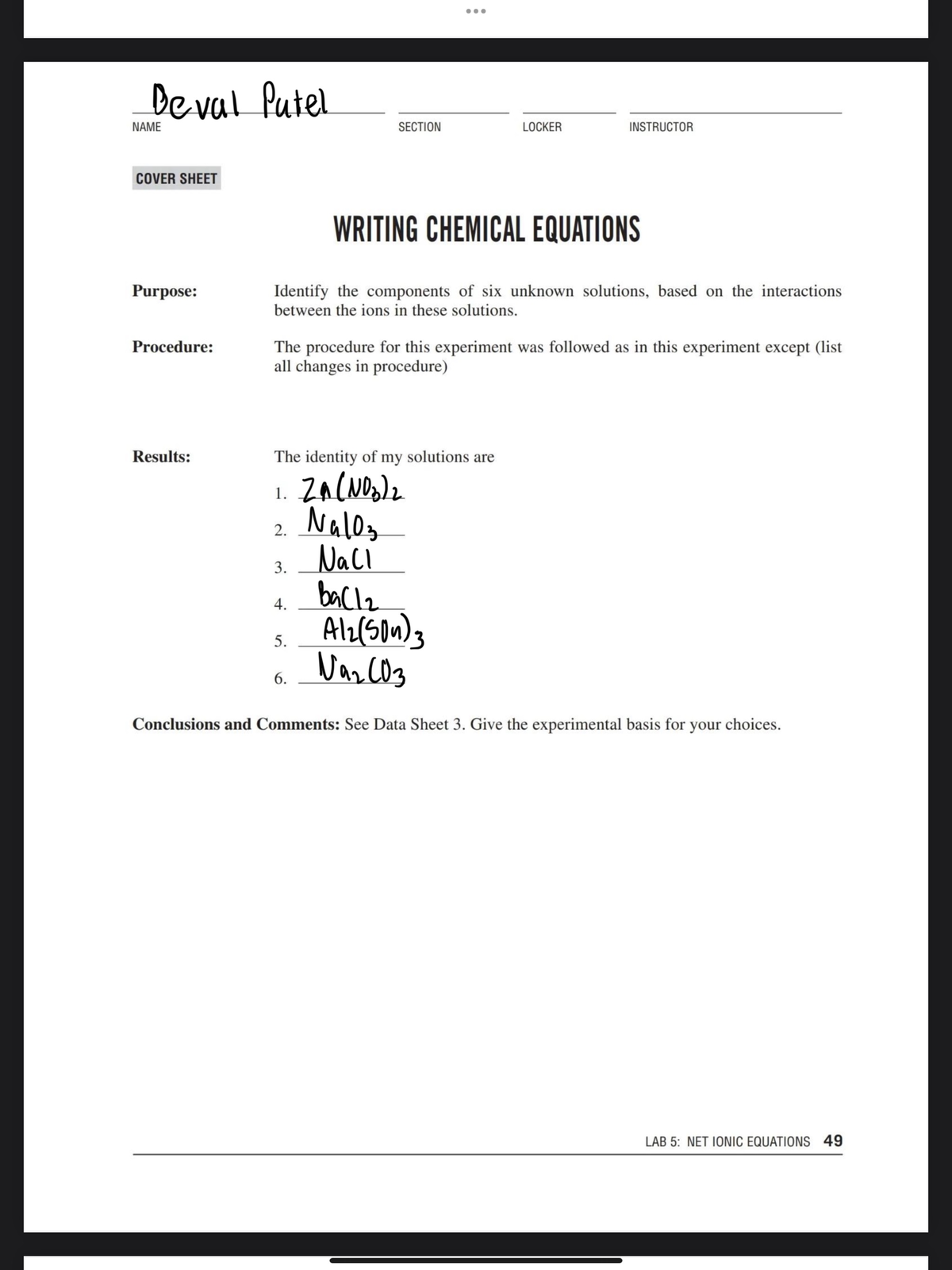 Lab 5-Net Ionic Equation - 01:160:171 - Studocu