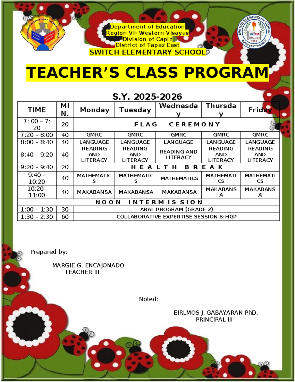 SWITCH ELEMENTARY SCHOOL CLASS PROGRAM (SY 2023-2024) - Studocu