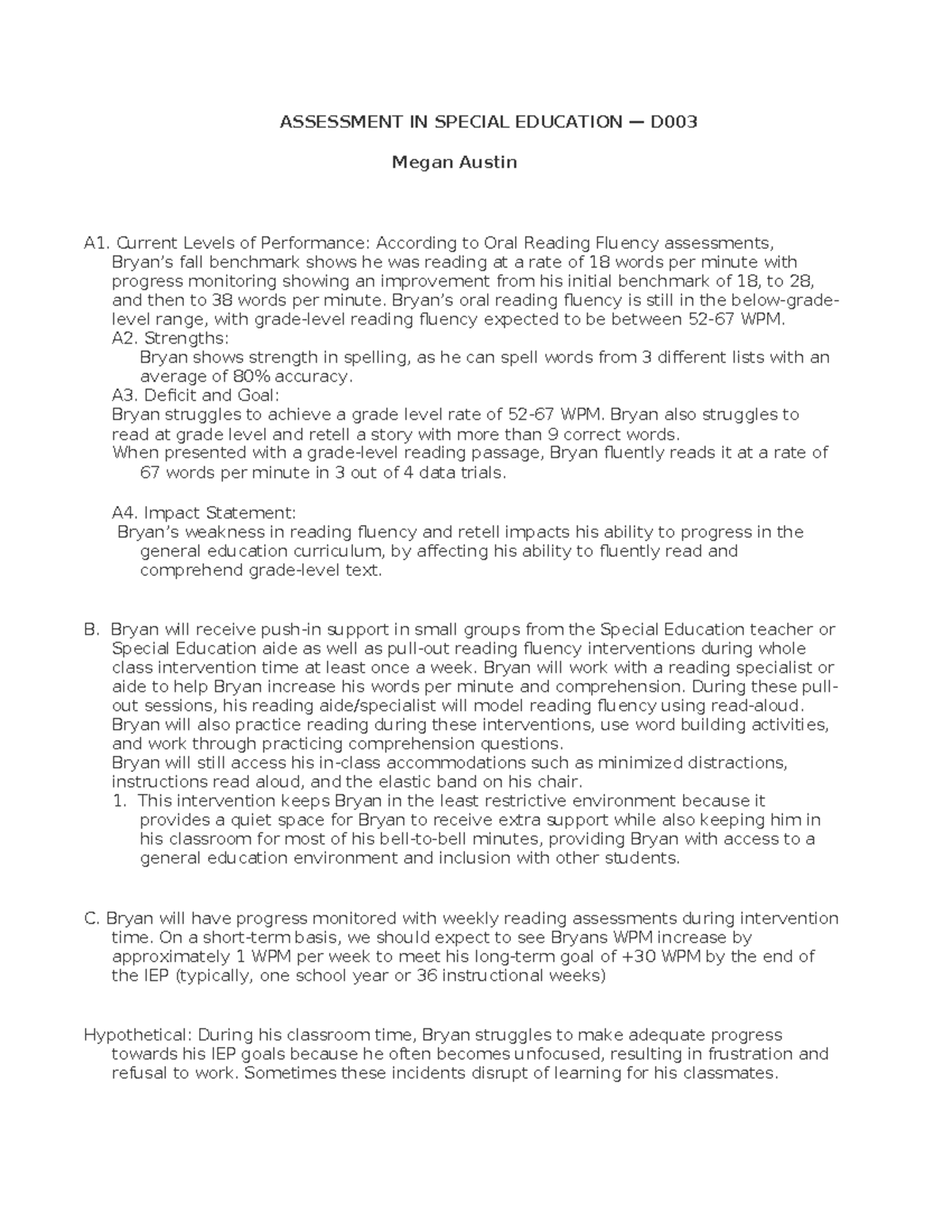 SPED Assessment D003: Bryan's Reading Fluency Progress Report - Studocu