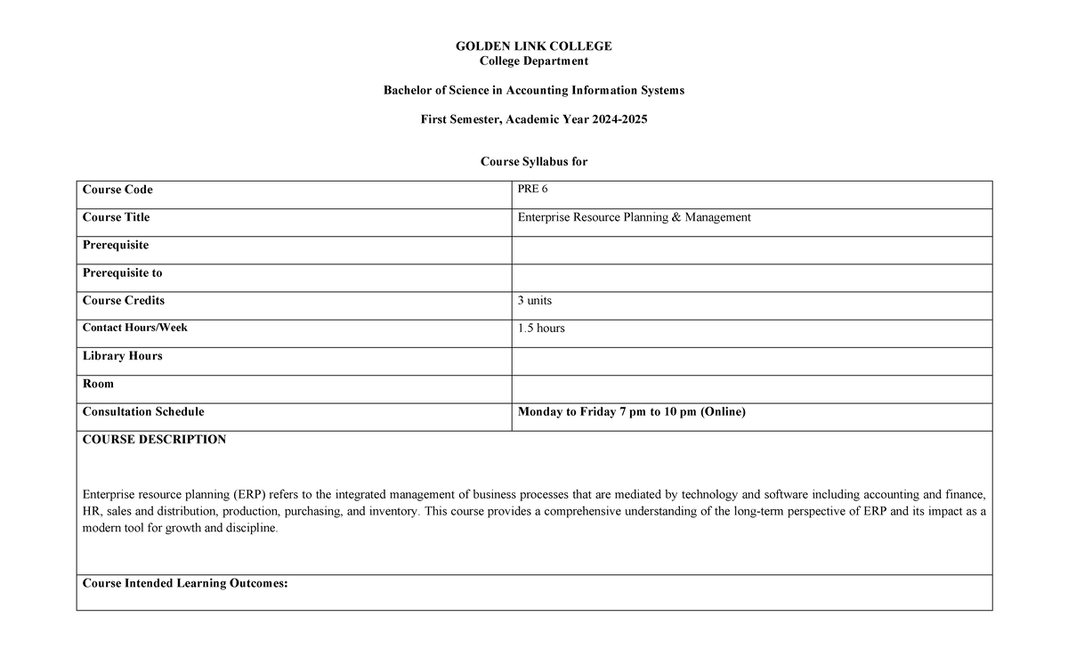 Syllabus for PRE 6: Enterprise Resource Planning & Management - Studocu