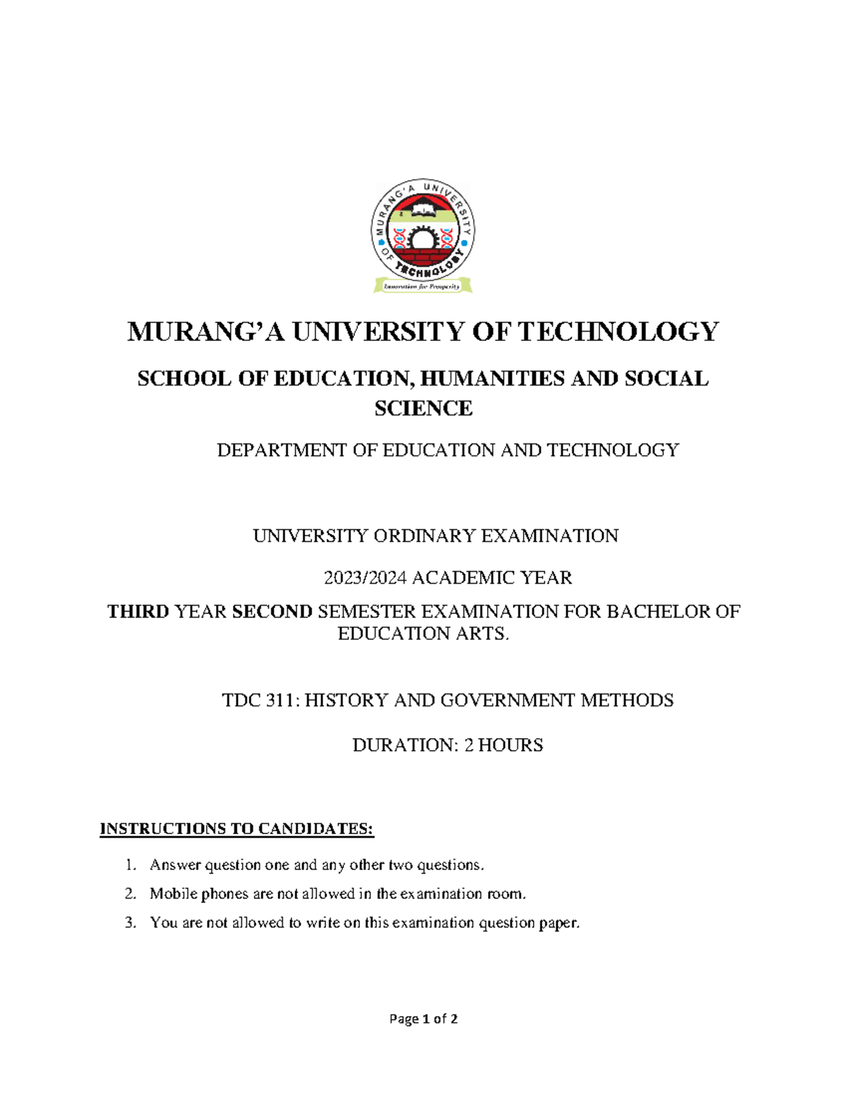 TDC 311: History and Government Methods Exam Instructions - Studocu