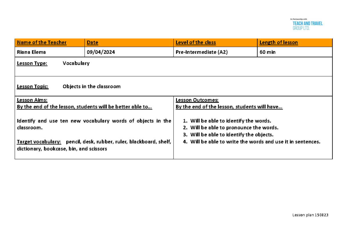 Unit 5 - Assignment 1 - Lesson Plan: Classroom Vocabulary (A2) - Studocu